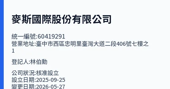 麥斯國際股份有限公司的照片-統編 60419291(臺中市) 公司登記資料與營業項目詳細圖表