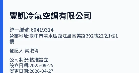 豐凱冷氣空調有限公司的照片-統編 60419314(臺中市) 公司登記資料與營業項目詳細圖表