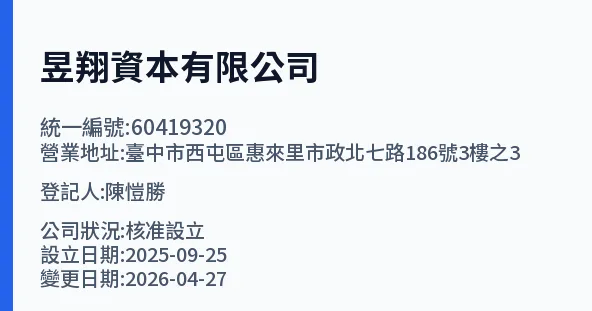 昱翔資本有限公司的照片-統編 60419320(臺中市) 公司登記資料與營業項目詳細圖表