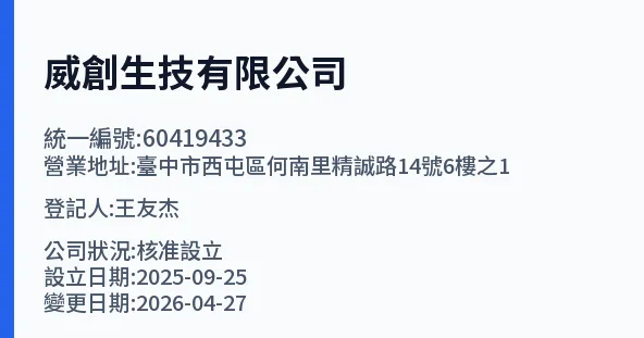 威創生技有限公司的照片-統編 60419433(臺中市) 公司登記資料與營業項目詳細圖表