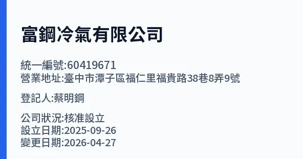 富鋼冷氣有限公司的照片-統編 60419671(臺中市) 公司登記資料與營業項目詳細圖表