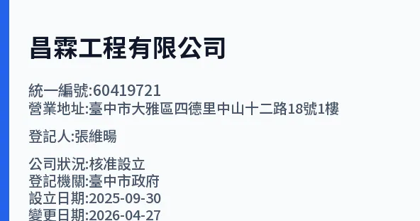 昌霖工程有限公司的照片-統編 60419721(臺中市) 公司登記資料與營業項目詳細圖表