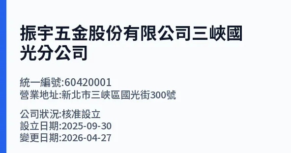 振宇五金股份有限公司三峽國光分公司的照片-統編 60420001(新北市) 公司登記資料與營業項目詳細圖表