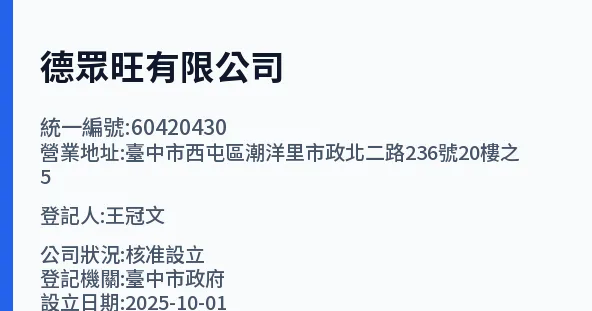 德眾旺有限公司的照片-統編 60420430(臺中市) 公司登記資料與營業項目詳細圖表
