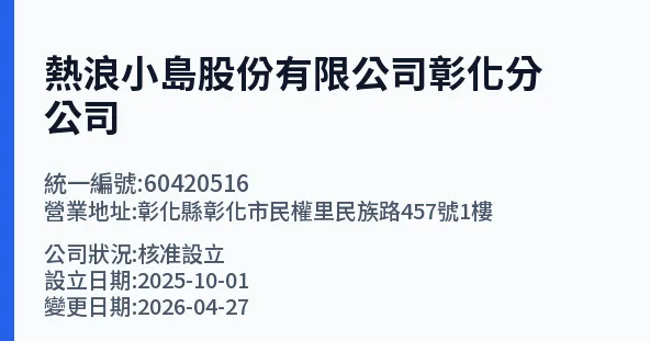 熱浪小島股份有限公司彰化分公司的照片-統編 60420516(彰化縣) 公司登記資料與營業項目詳細圖表