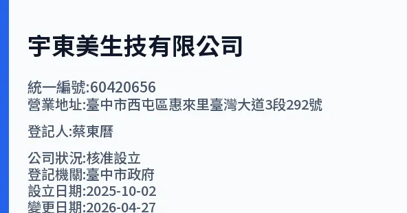 宇東美生技有限公司的照片-統編 60420656(臺中市) 公司登記資料與營業項目詳細圖表