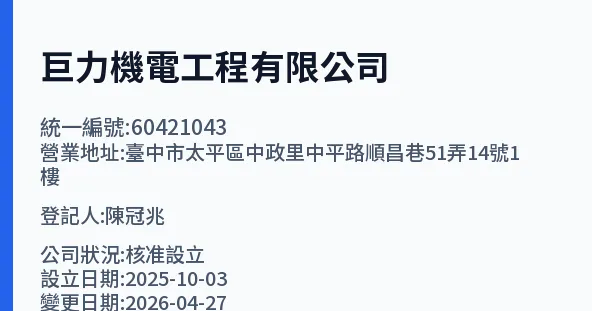 巨力機電工程有限公司的照片-統編 60421043(臺中市) 公司登記資料與營業項目詳細圖表