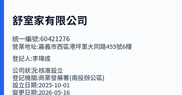 舒室家有限公司的照片-統編 60421276(嘉義市) 公司登記資料與營業項目詳細圖表