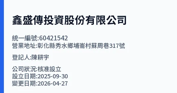 鑫盛傳投資股份有限公司的照片-統編 60421542(彰化縣) 公司登記資料與營業項目詳細圖表