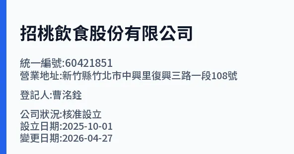 招桃飲食股份有限公司的照片-統編 60421851(新竹縣) 公司登記資料與營業項目詳細圖表