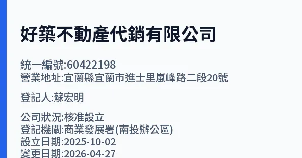 好築不動產代銷有限公司的照片-統編 60422198(宜蘭縣) 公司登記資料與營業項目詳細圖表