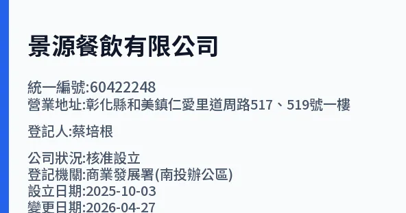 景源餐飲有限公司的照片-統編 60422248(彰化縣) 公司登記資料與營業項目詳細圖表