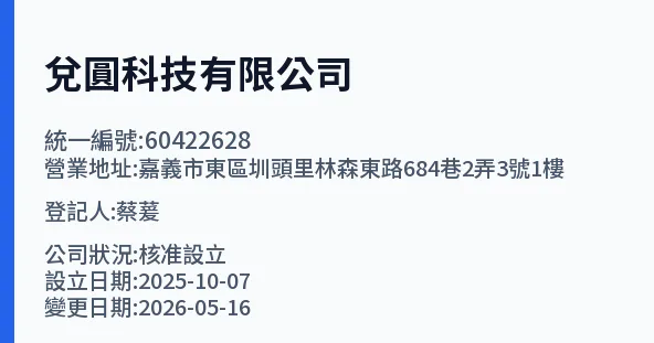 兌圓科技有限公司的照片-統編 60422628(嘉義市) 公司登記資料與營業項目詳細圖表