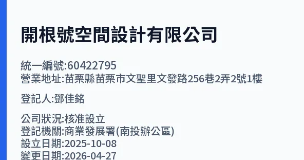 開根號空間設計有限公司的照片-統編 60422795(苗栗縣) 公司登記資料與營業項目詳細圖表
