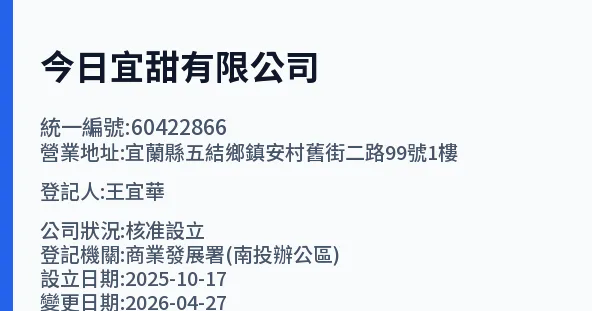 今日宜甜有限公司的照片-統編 60422866(宜蘭縣) 公司登記資料與營業項目詳細圖表