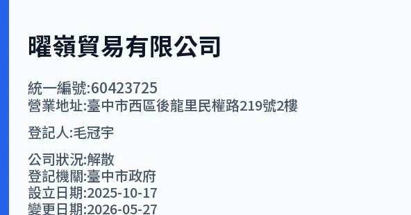 曜嶺貿易有限公司的照片-統編 60423725(臺中市) 公司登記資料與營業項目詳細圖表