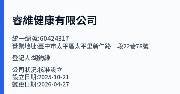 睿維健康有限公司的照片-統編 60424317(臺中市) 公司登記資料與營業項目詳細圖表