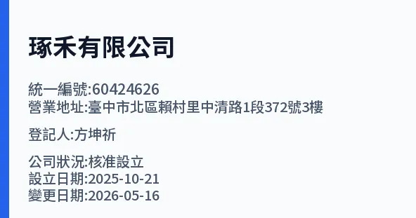 琢禾有限公司的照片-統編 60424626(臺中市) 公司登記資料與營業項目詳細圖表