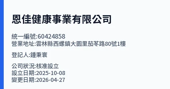 恩佳健康事業有限公司的照片-統編 60424858(雲林縣) 公司登記資料與營業項目詳細圖表