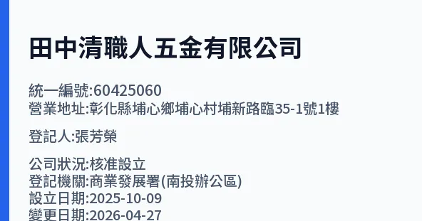 田中清職人五金有限公司的照片-統編 60425060(彰化縣) 公司登記資料與營業項目詳細圖表
