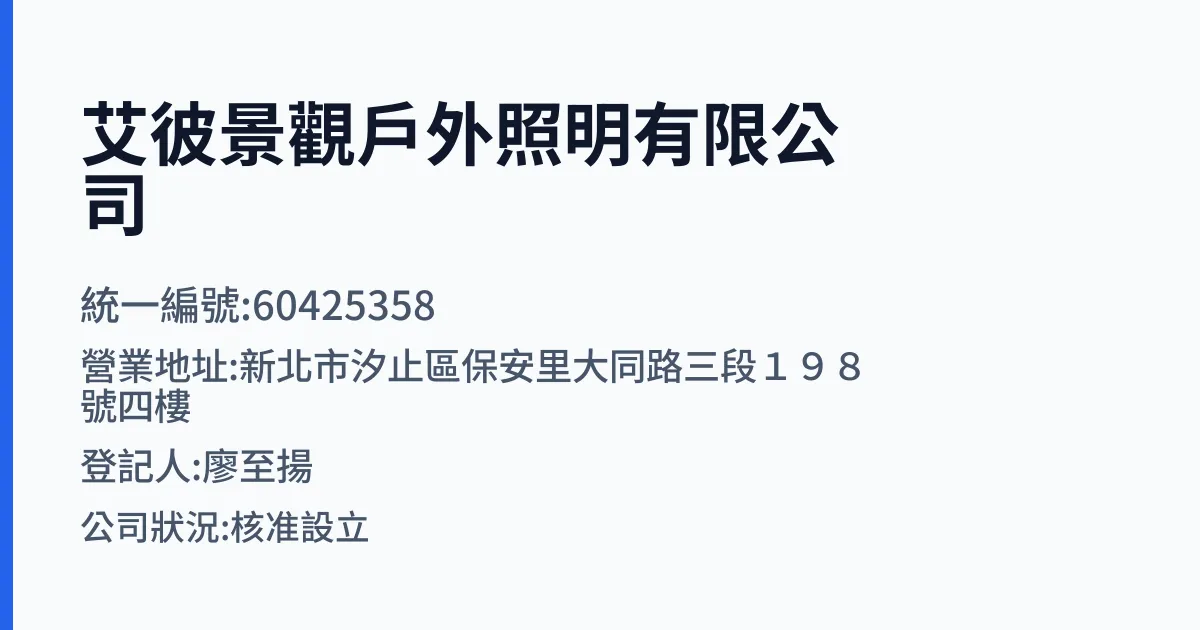 艾彼景觀戶外照明有限公司 - 統編 60425358(新北市) 公司登記資料與營業項目詳細圖表