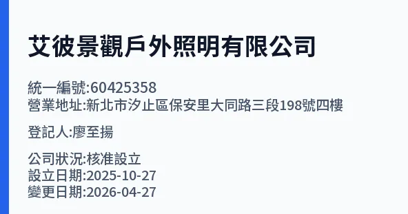艾彼景觀戶外照明有限公司的照片-統編 60425358(新北市) 公司登記資料與營業項目詳細圖表
