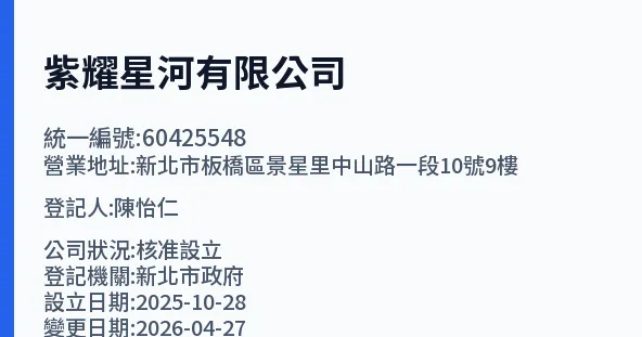 紫耀星河有限公司的照片-統編 60425548(新北市) 公司登記資料與營業項目詳細圖表
