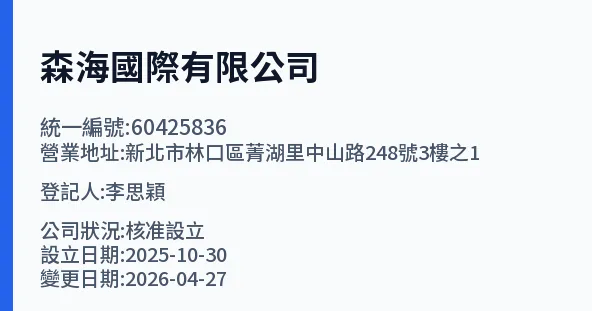 森海國際有限公司的照片-統編 60425836(新北市) 公司登記資料與營業項目詳細圖表