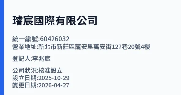 璿宸國際有限公司的照片-統編 60426032(新北市) 公司登記資料與營業項目詳細圖表