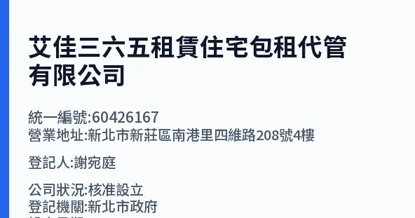 艾佳三六五租賃住宅包租代管有限公司的照片-統編 60426167(新北市) 公司登記資料與營業項目詳細圖表