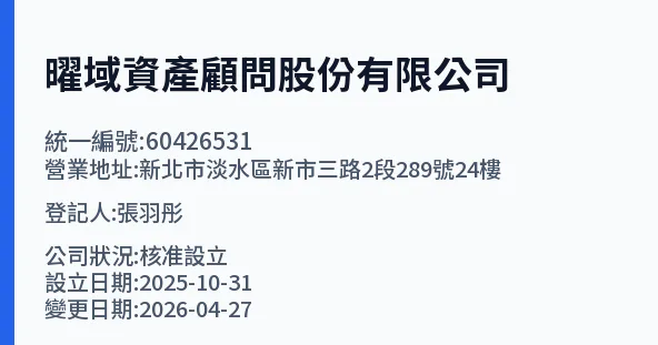 曜域資產顧問股份有限公司的照片-統編 60426531(新北市) 公司登記資料與營業項目詳細圖表