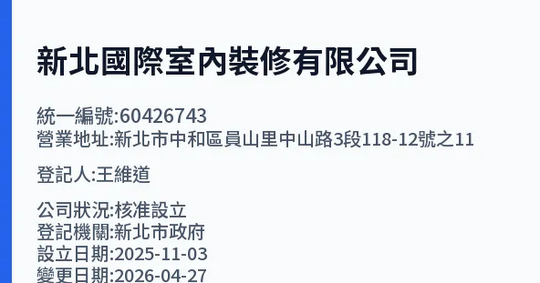 新北國際室內裝修有限公司的照片-統編 60426743(新北市) 公司登記資料與營業項目詳細圖表