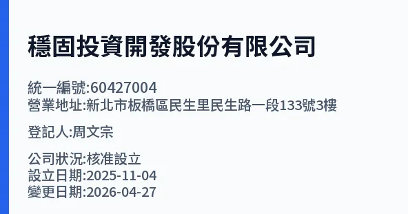 穩固投資開發股份有限公司的照片-統編 60427004(新北市) 公司登記資料與營業項目詳細圖表