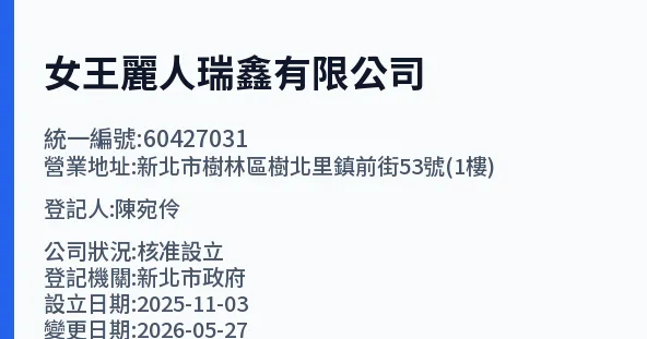 女王麗人瑞鑫有限公司的照片-統編 60427031(新北市) 公司登記資料與營業項目詳細圖表