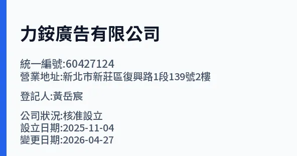 力銨廣告有限公司的照片-統編 60427124(新北市) 公司登記資料與營業項目詳細圖表
