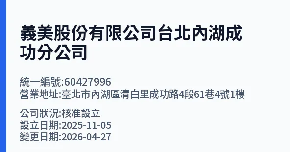 義美股份有限公司台北內湖成功分公司的照片-統編 60427996(臺北市) 公司登記資料與營業項目詳細圖表