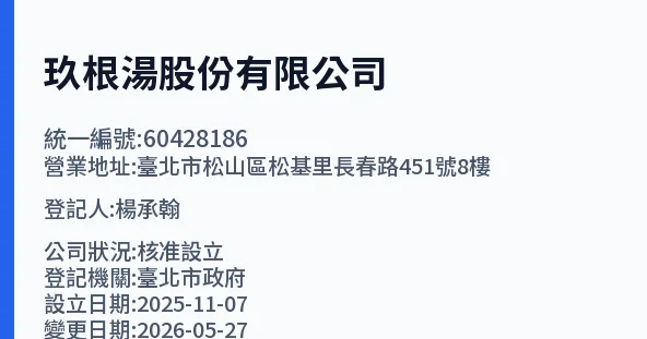玖根湯股份有限公司的照片-統編 60428186(臺北市) 公司登記資料與營業項目詳細圖表
