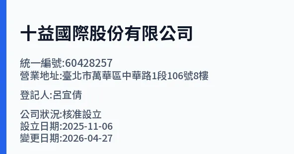 十益國際股份有限公司的照片-統編 60428257(臺北市) 公司登記資料與營業項目詳細圖表
