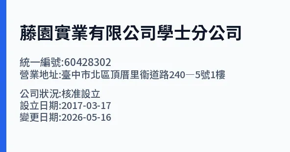 藤園實業有限公司學士分公司的照片-統編 60428302(臺中市) 公司登記資料與營業項目詳細圖表