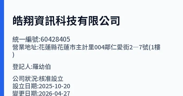 皓翔資訊科技有限公司的照片-統編 60428405(花蓮縣) 公司登記資料與營業項目詳細圖表