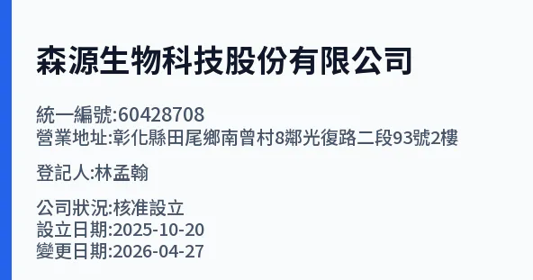 森源生物科技股份有限公司的照片-統編 60428708(彰化縣) 公司登記資料與營業項目詳細圖表
