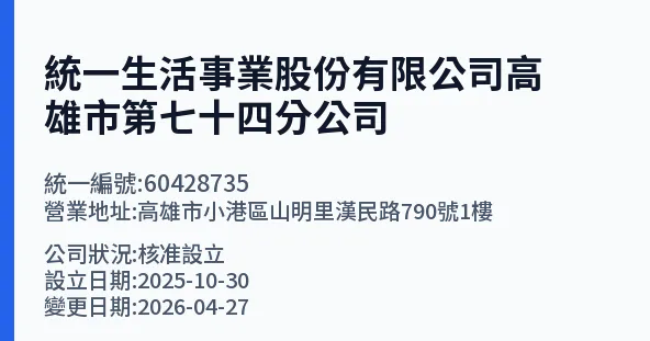 統一生活事業股份有限公司高雄市第七十四分公司的照片-統編 60428735(高雄市) 公司登記資料與營業項目詳細圖表