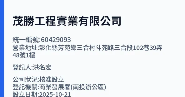 茂勝工程實業有限公司的照片-統編 60429093(彰化縣) 公司登記資料與營業項目詳細圖表