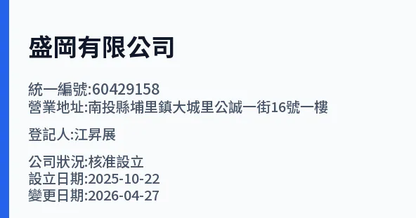 盛岡有限公司的照片-統編 60429158(南投縣) 公司登記資料與營業項目詳細圖表