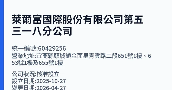 萊爾富國際股份有限公司第五三一八分公司的照片-統編 60429256(宜蘭縣) 公司登記資料與營業項目詳細圖表