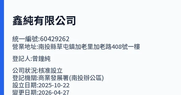 鑫純有限公司的照片-統編 60429262(南投縣) 公司登記資料與營業項目詳細圖表