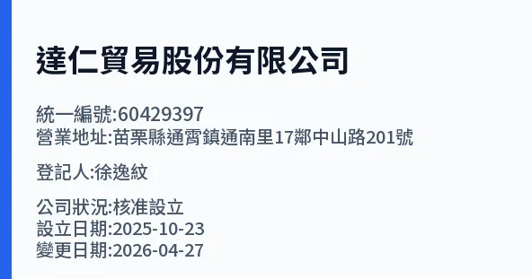 達仁貿易股份有限公司的照片-統編 60429397(苗栗縣) 公司登記資料與營業項目詳細圖表