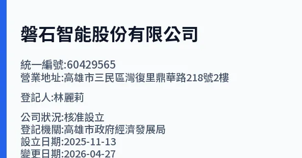 磐石智能股份有限公司的照片-統編 60429565(高雄市) 公司登記資料與營業項目詳細圖表