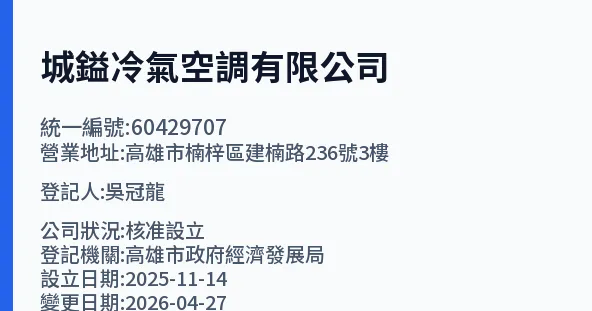 城鎰冷氣空調有限公司的照片-統編 60429707(高雄市) 公司登記資料與營業項目詳細圖表