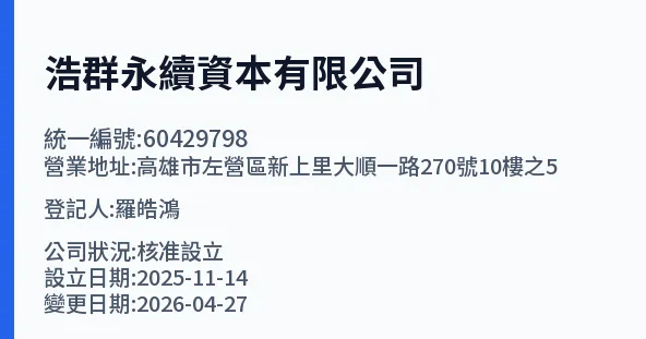 浩群永續資本有限公司的照片-統編 60429798(高雄市) 公司登記資料與營業項目詳細圖表